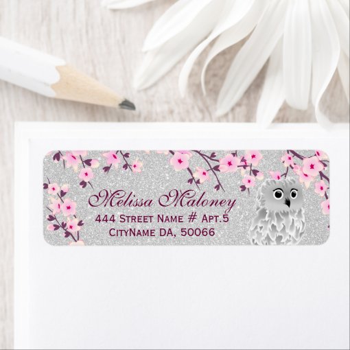 Cherry Blossom Silver Glitter Owl Label | Zazzle