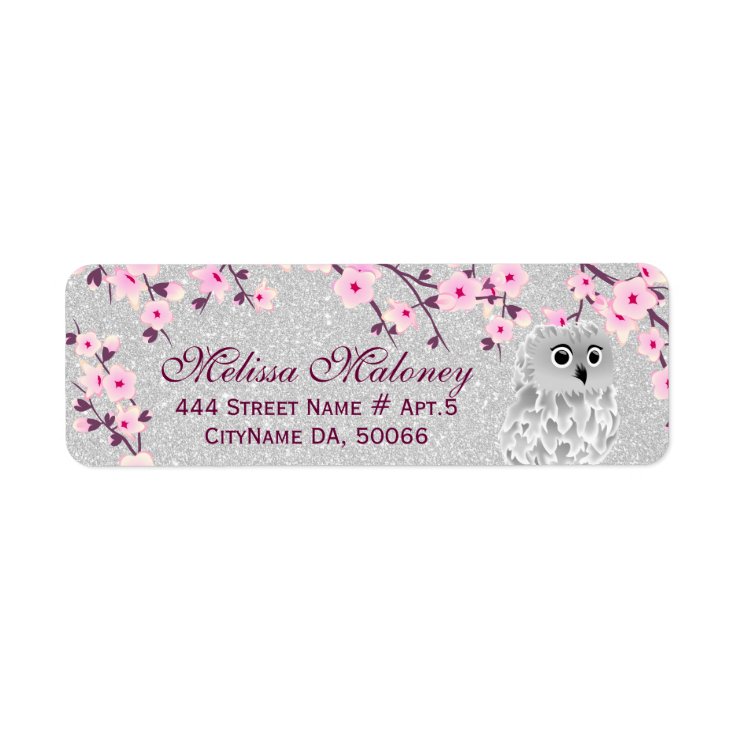 Cherry Blossom Silver Glitter Owl Label | Zazzle