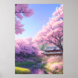 Cherry Blossom Tea House by the River Poster | Zazzle