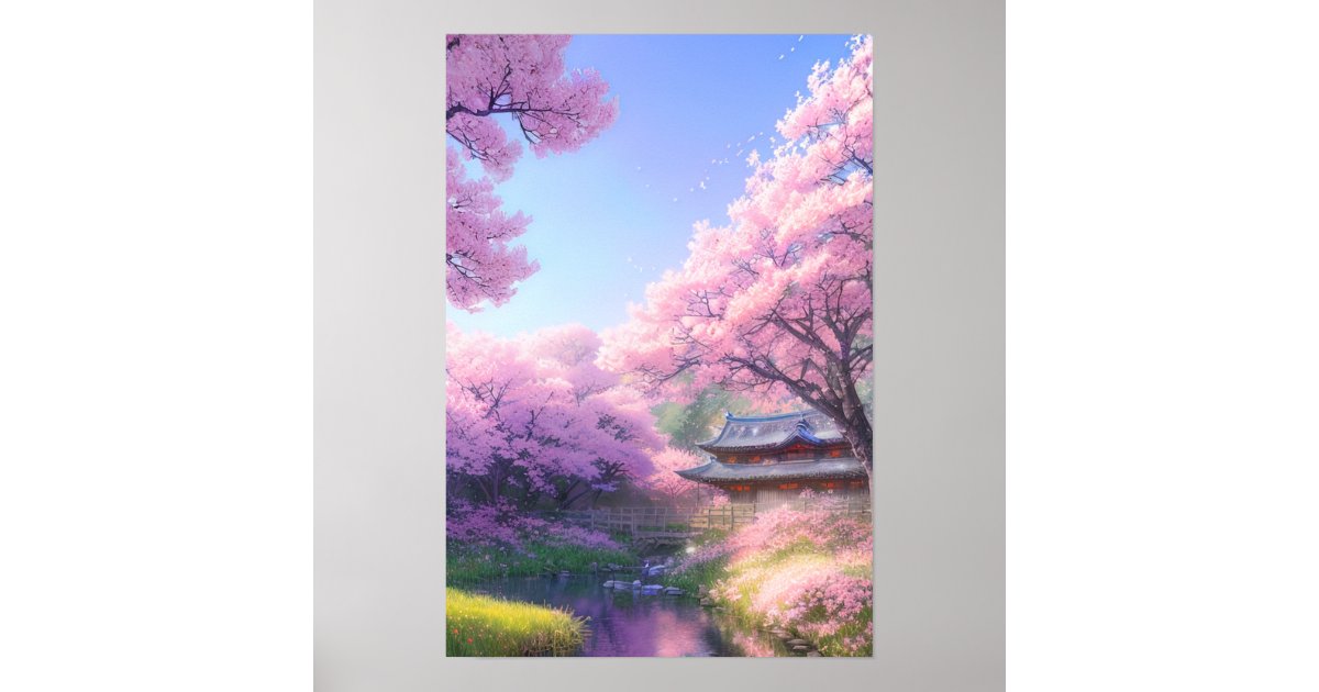 Cherry Blossom Tea House by the River Poster | Zazzle