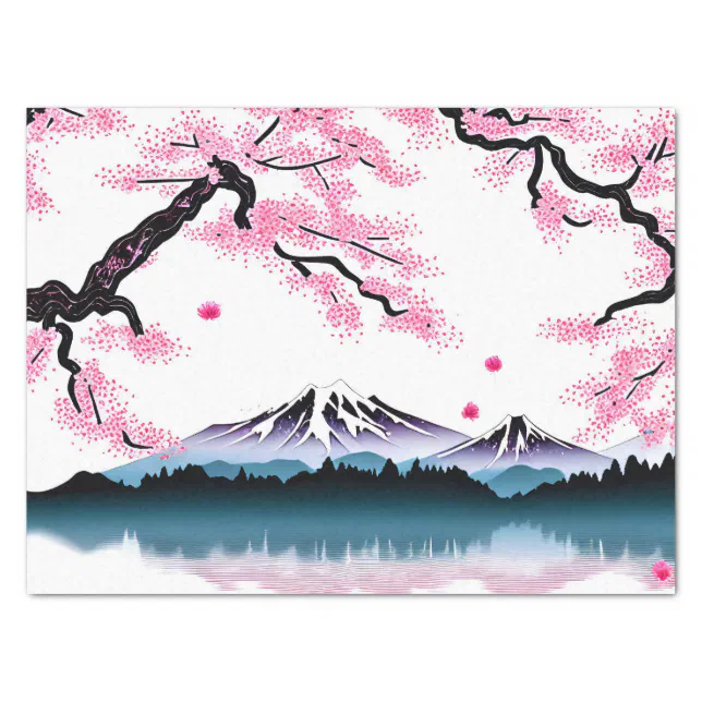 Cherry Blossoms And Mountains Decoupage Tissue Paper | Zazzle