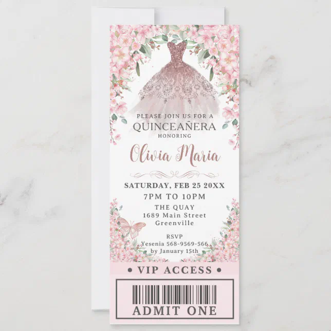 Cherry Blossoms Blush Dress Quinceañera VIP Ticket Invitation | Zazzle