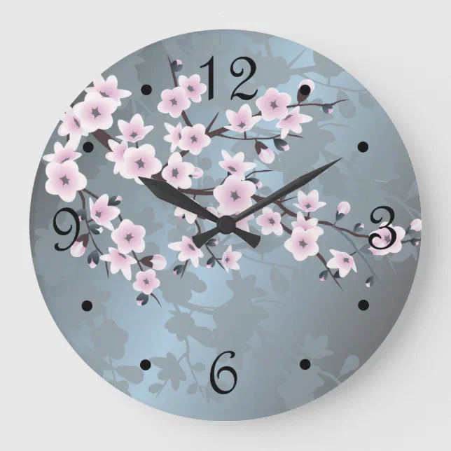 Cherry Blossoms Floral Dusty Pink Blue Numbers Large Clock | Zazzle