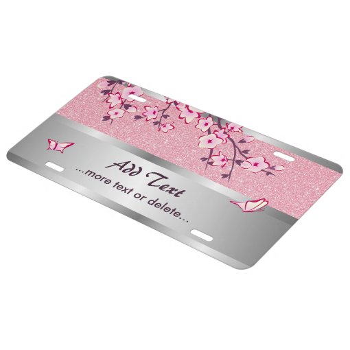 Cherry Blossoms Flower Pink Glitter Silver License Plate | Zazzle
