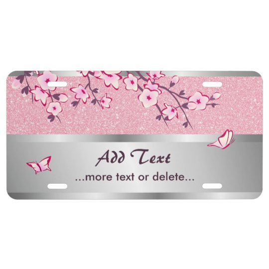 Cherry Blossoms Flower Pink Glitter Silver License Plate | Zazzle.com