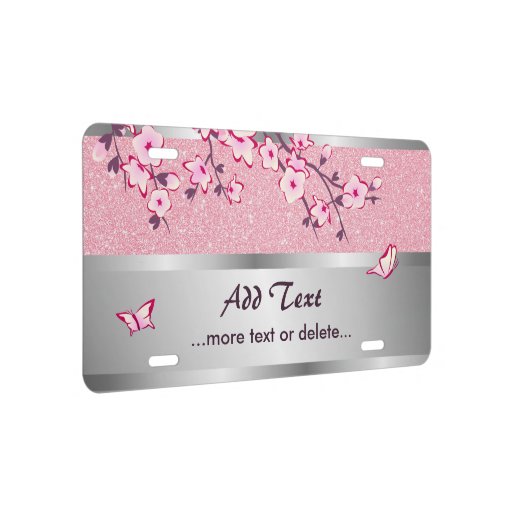 Cherry Blossoms Flower Pink Glitter Silver License Plate | Zazzle