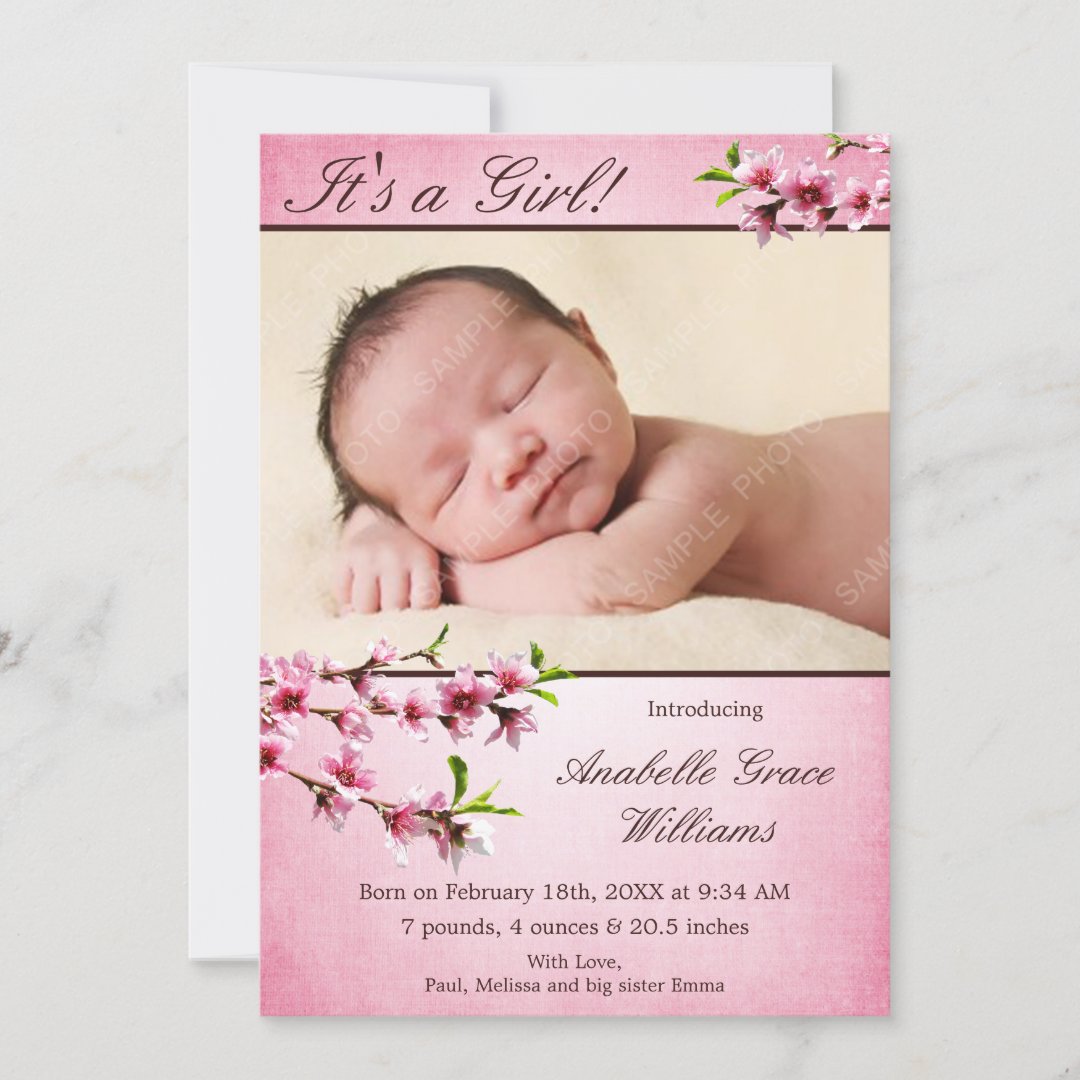 Cherry Blossoms Pink Photo Birth Announcement | Zazzle