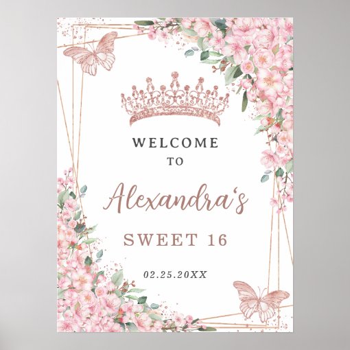 Cherry Blossoms Rose Gold Butterflies Sweet 16 Poster | Zazzle