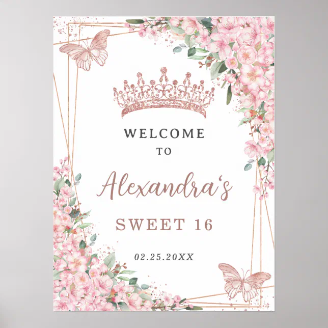 Cherry Blossoms Rose Gold Butterflies Sweet 16 Poster | Zazzle