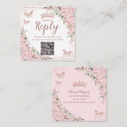 Cherry Blossoms Rose Gold Quinceanera QR Code Enclosure Card | Zazzle
