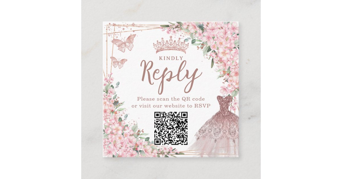 Cherry Blossoms Rose Gold Quinceañera QR Code Enclosure Card | Zazzle