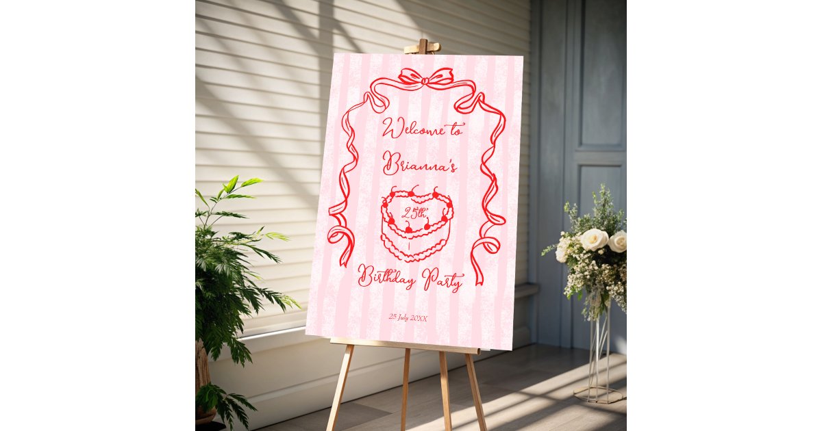 Cherry cake coquette bow party welcome sign | Zazzle