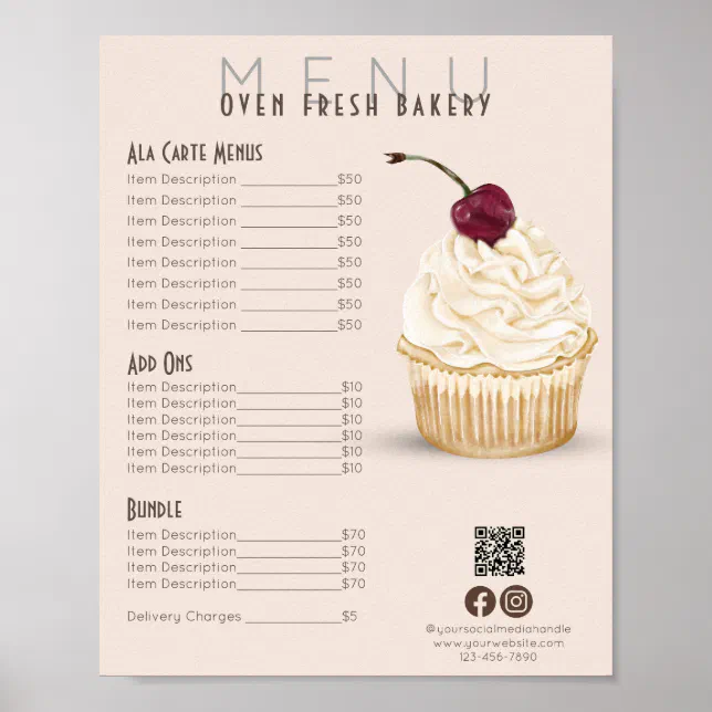 Cherry Cupcake Blush Menu Bakery Price List Poster | Zazzle