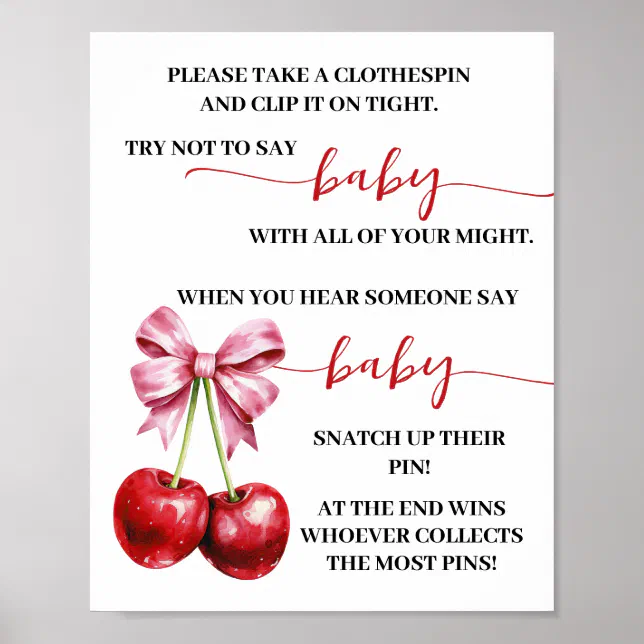 Cherry Don't Say Baby Clothespin Shower Game Poster | Zazzle
