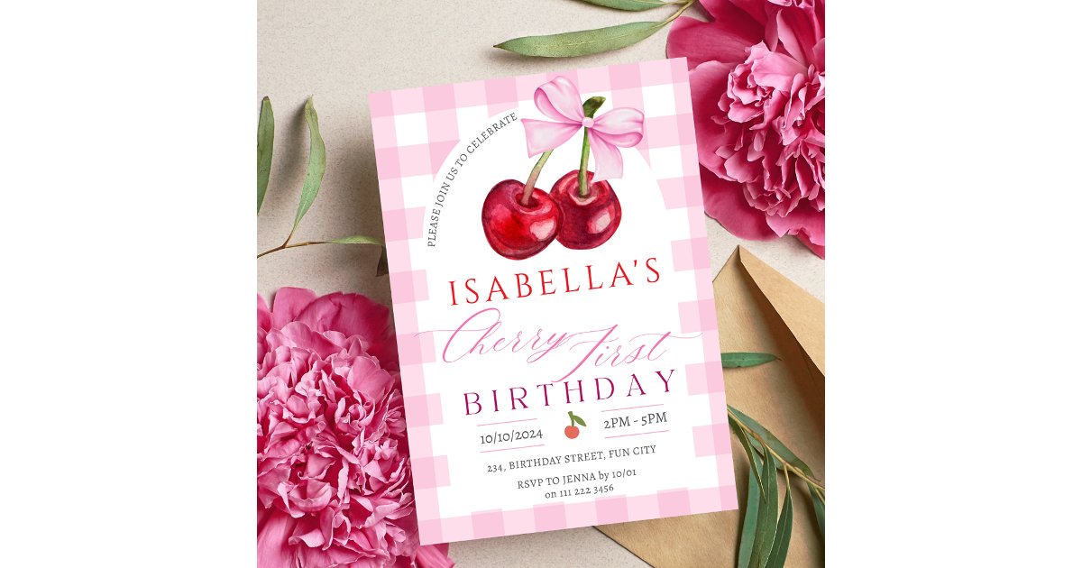 Cherry First Birthday Girl 1st Fruit Bow Birthday Invitation | Zazzle