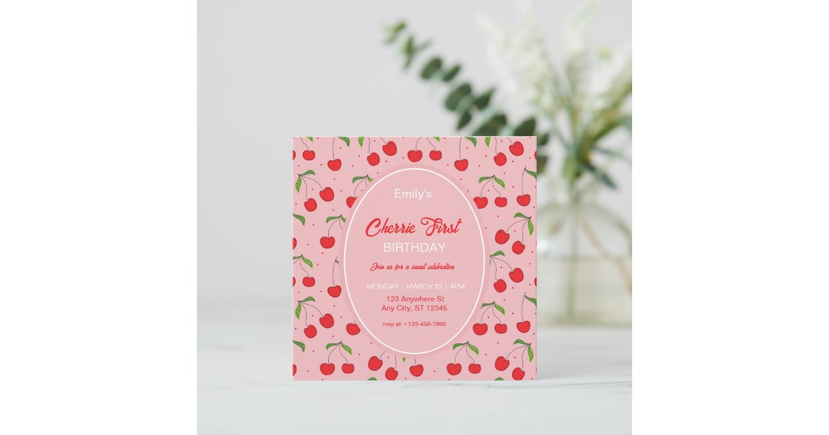 CHERRY First Birthday Party Invitation | Zazzle