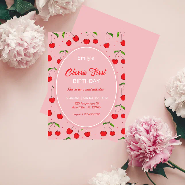 CHERRY First Birthday Party Invitation | Zazzle