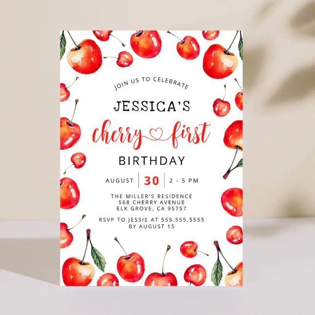 Cherry First Birthday Red Cherry 1st Birthday Invitation | Zazzle