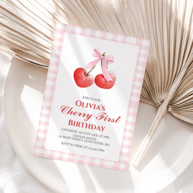 Cherry First Pink Bow preppy 1st birthday Invitation | Zazzle
