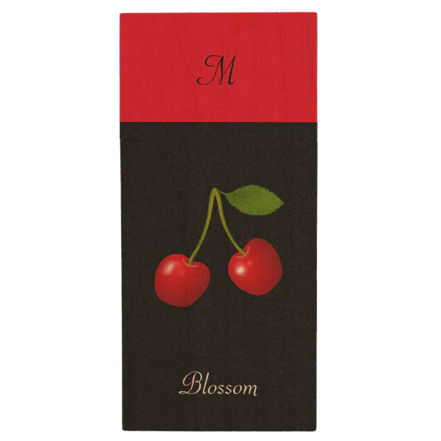 Cherry Fruits & Monogram on Black and Red Wood Flash Drive | Zazzle