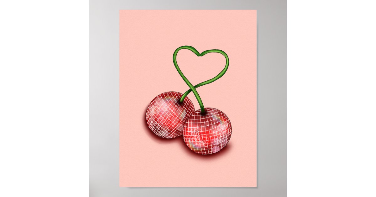 Cherry Heart Disco Balls Art Poster | Zazzle