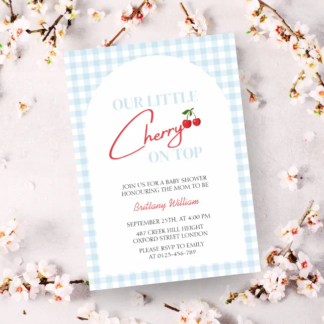 Cherry on Top Modern Checkered Baby Shower Invitation | Zazzle