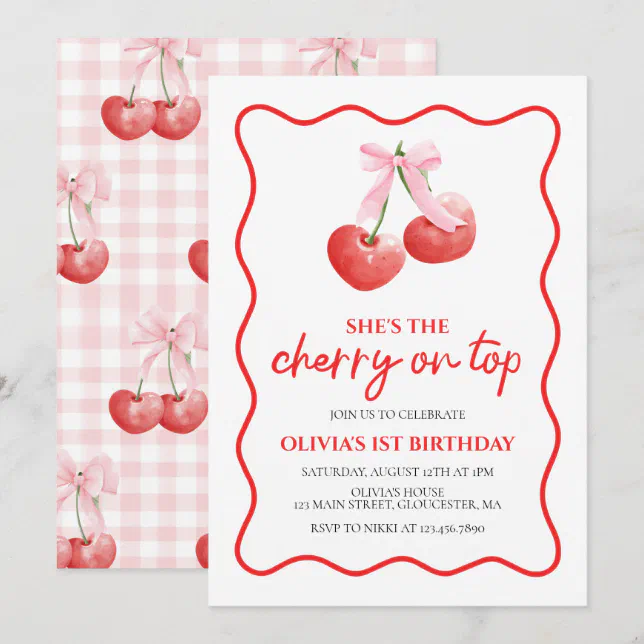 Cherry on Top Pink Bow preppy birthday Invitation | Zazzle