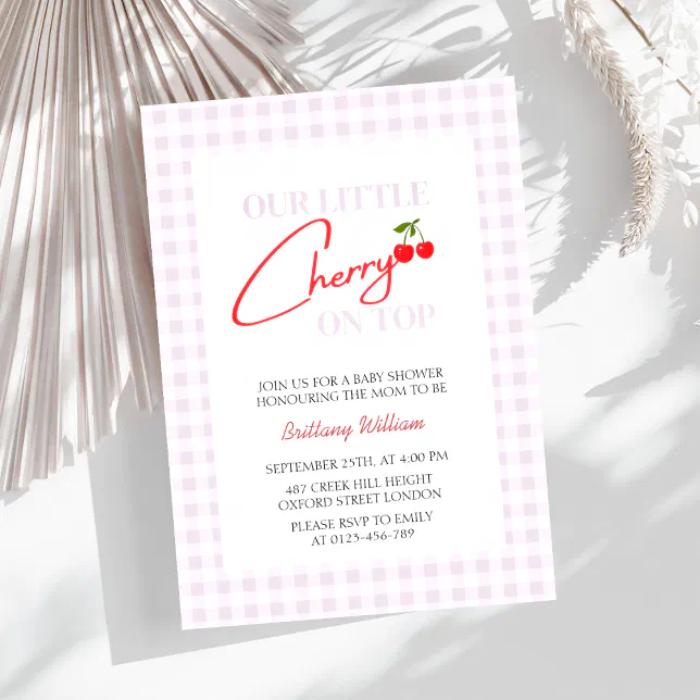 Cherry on Top Pink Checkered Girl Baby Shower Invitation | Zazzle