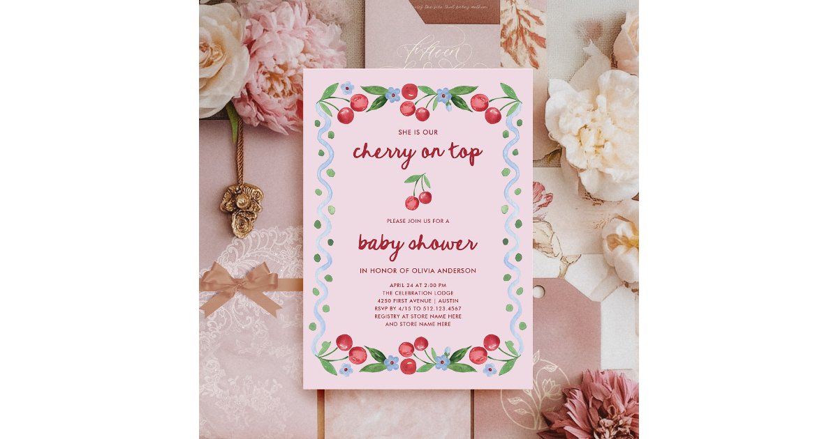 Cherry on Top | Red Script Whimsical Baby Shower Invitation | Zazzle