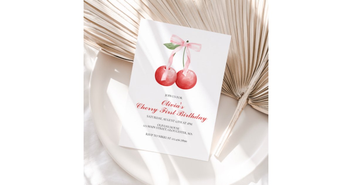 Cherry Pink Bow preppy first birthday Invitation | Zazzle