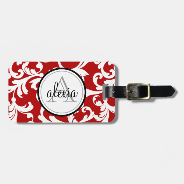 Cherry Red Monogrammed Damask Print Luggage Tag | Zazzle