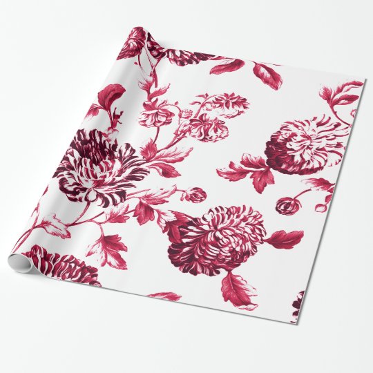 Cherry Red Vintage Botanical Floral Toile Wrapping Paper | Zazzle.com