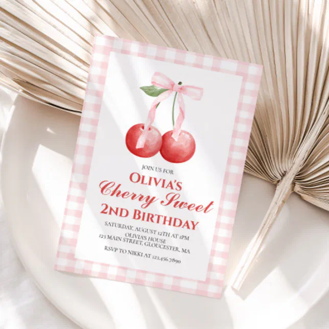 Cherry Sweet Pink Bow preppy birthday Invitation | Zazzle