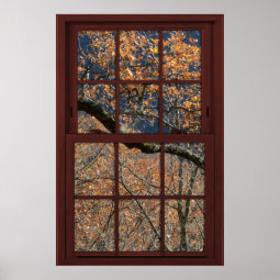 Cherry Wood Faux Window Autumn Leaves View 1 of 2 Poster | Zazzle