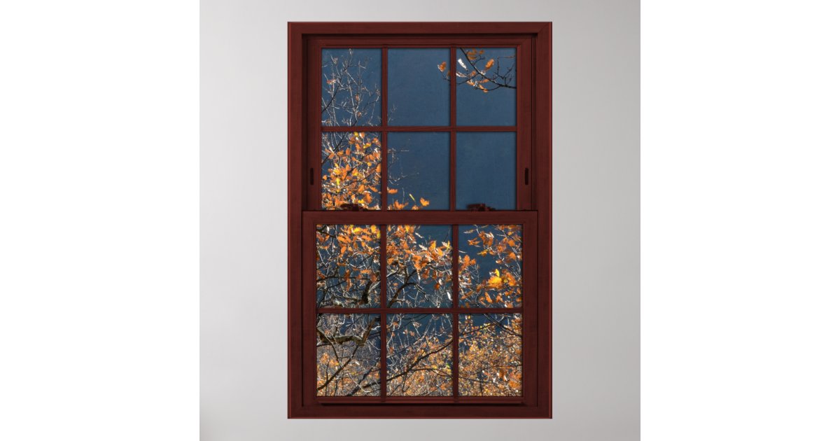 Cherry Wood Faux Window Autumn Leaves View 2 of 2 Poster | Zazzle