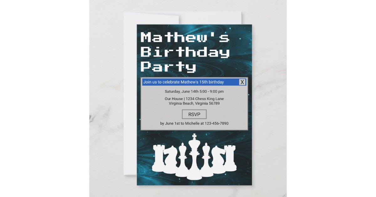 Chess Blue Nebula Chess Pieces Retro Birthday Invitation | Zazzle