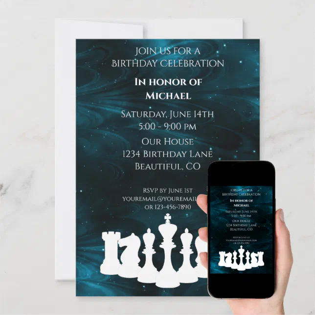 Chess Blue Nebula Classic Chess Pieces Birthday Invitation | Zazzle