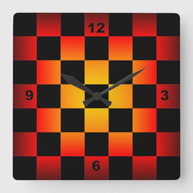 Chess ~ Checkerboard Clock Black & Fire Background | Zazzle