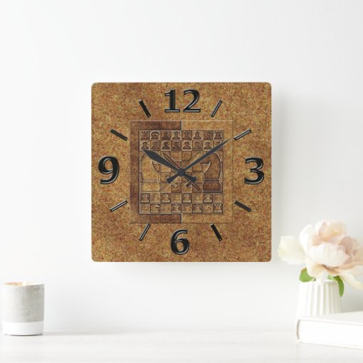 CHESS GAME IN STONE SQUARE WALL CLOCK | Zazzle