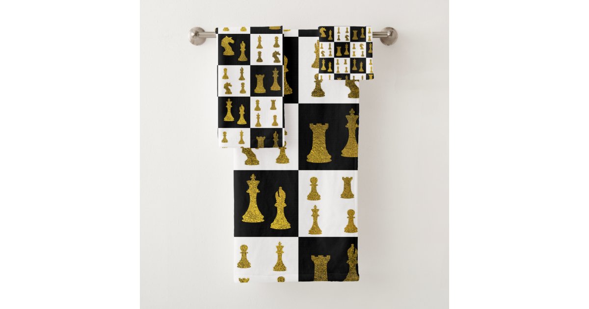 Chessboard and Gold Chess Pieces pattern Bath Towel Set | Zazzle