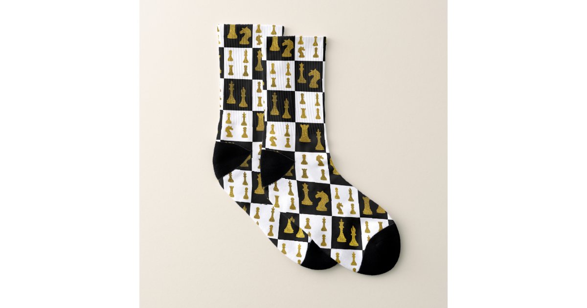 Chessboard and Gold Chess Pieces pattern Socks | Zazzle