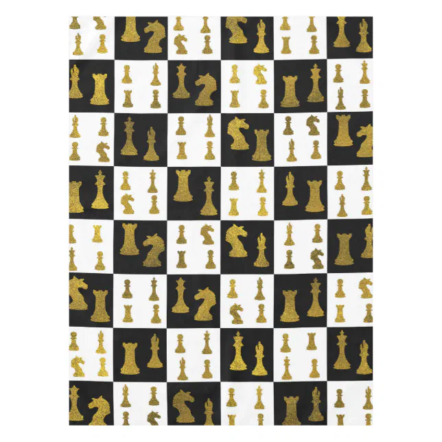 Chessboard and Gold Chess Pieces pattern Tablecloth | Zazzle