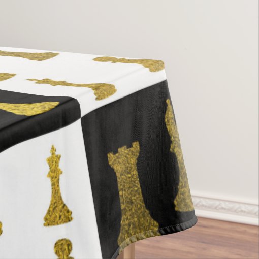 Chessboard and Gold Chess Pieces pattern Tablecloth | Zazzle
