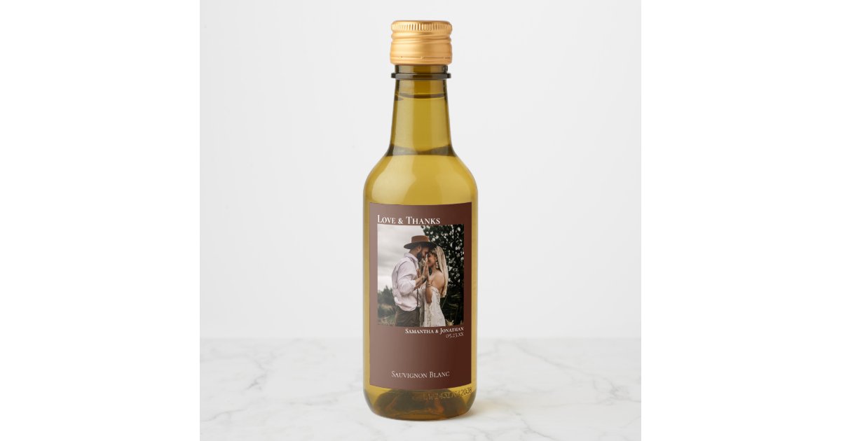 Chestnut Brown Wedding Photo Love & Thanks Mini Wine Label | Zazzle