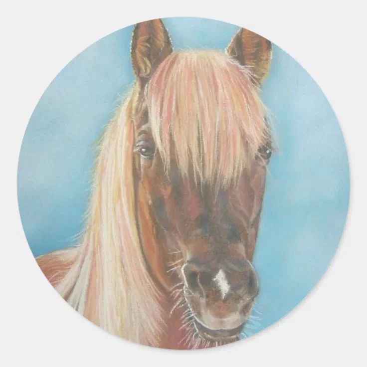 chestnut mare with blonde mane equine art horse classic round sticker ...