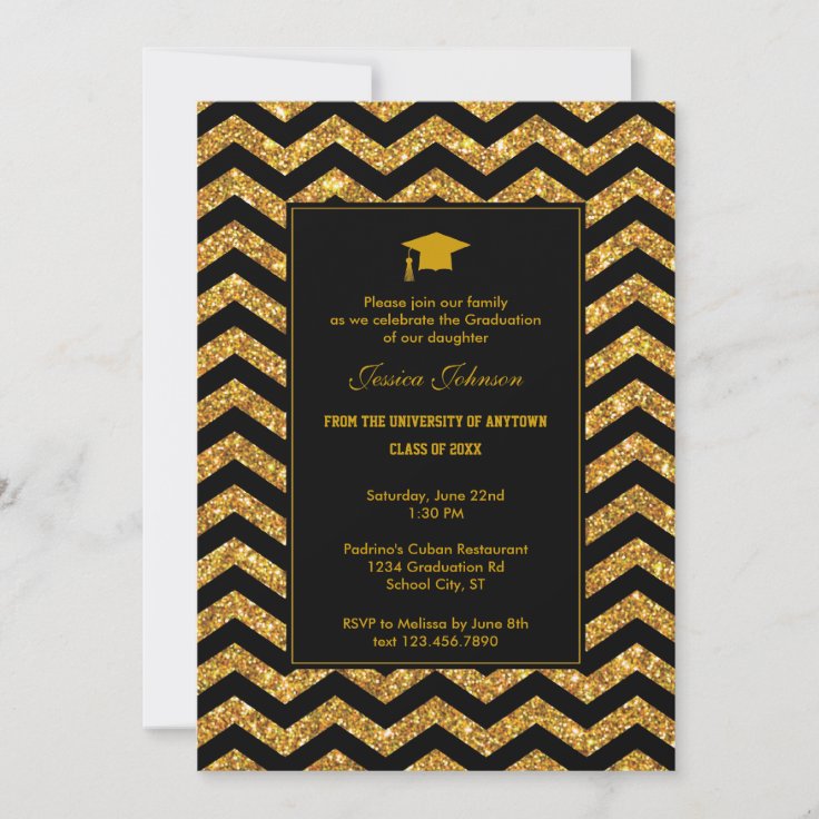 Chevron and Glitter Graduation Invitation | Zazzle