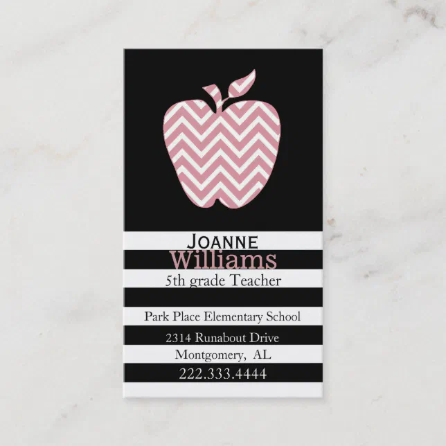 Chevron Apple and Stripes Teachers Business Card | Zazzle