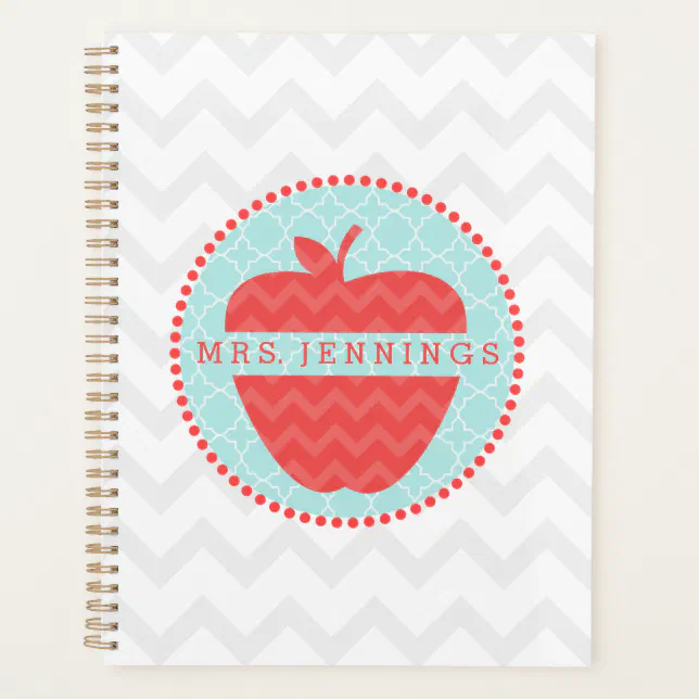 Chevron Apple Quatrefoil Personalized Teacher Planner | Zazzle