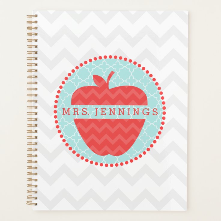 Chevron Apple Quatrefoil Personalized Teacher Planner | Zazzle