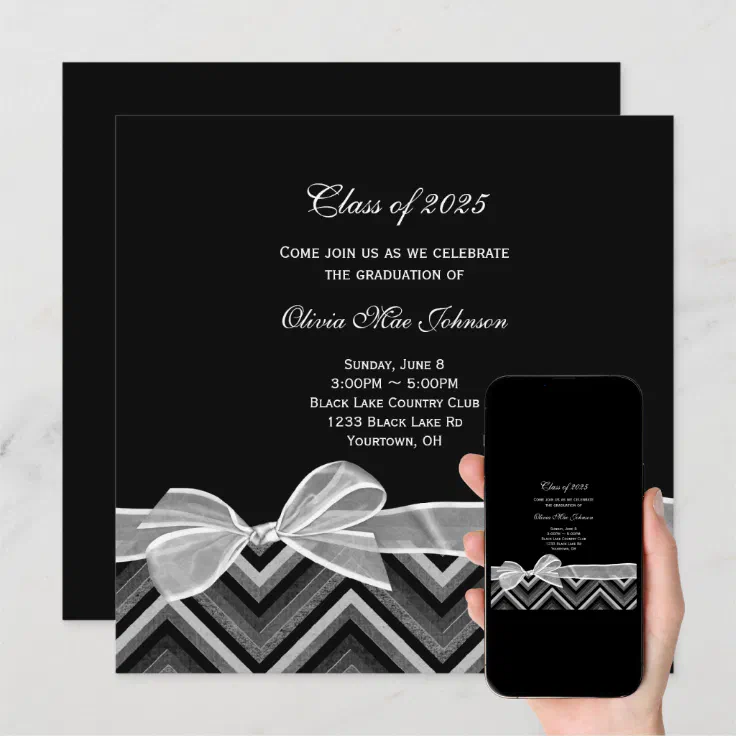chevron design Graduation silver and black Invitation | Zazzle